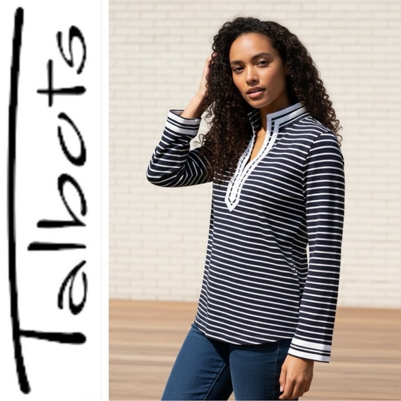 Talbots | Tops | Talbots Black White Stripe Cotton Split Neck Stretch ...